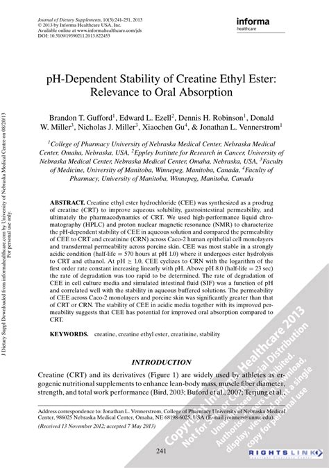 Pdf Ph Dependent Stability Of Creatine Ethyl Ester Relevance To Oral