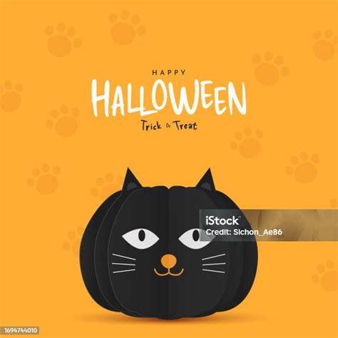 검은 고양이 벡터 그림입니다 주황색 배경에 할로윈을 위한 종이 컷 고양이 얼굴 호박 요소 즐거운 할로윈 보내세요 10월에 대한