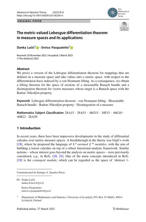 Pdf The Metric Valued Lebesgue Differentiation Theorem In Measure Spaces And Its Applications