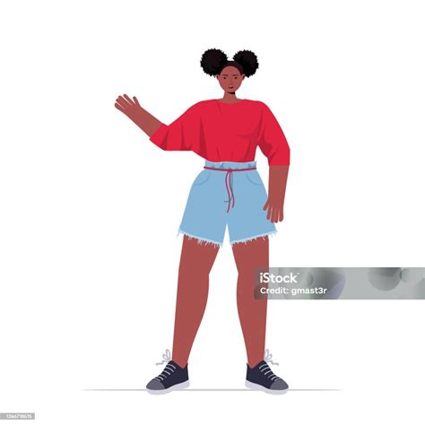 캐주얼 트렌디 한 옷을 입은 젊은 여성 아프리카 계 미국인 여성 만화 캐릭터 스탠딩 포즈 개념에 대한 스톡 벡터 아트 및 기타