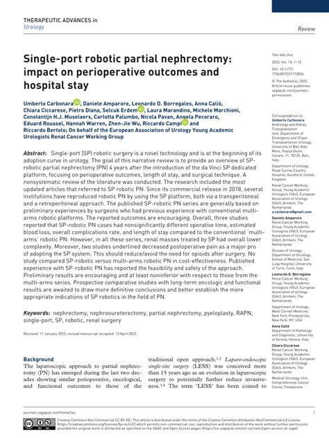 Pdf Single Port Robotic Partial Nephrectomy Impact On Perioperative