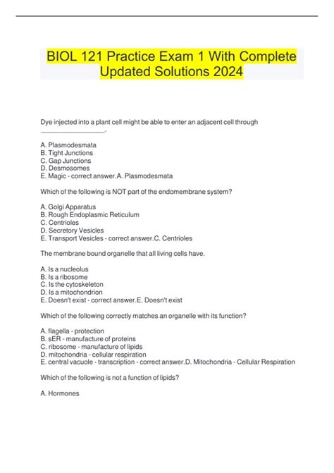 Biol 121 Practice Exam 1 With Complete Updated Solutions 2024 Biol