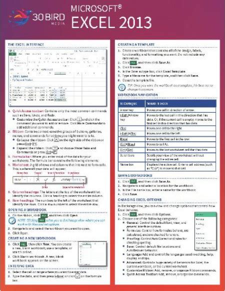 Microsoft Excel 2013 Quick Reference Card 30 Bird
