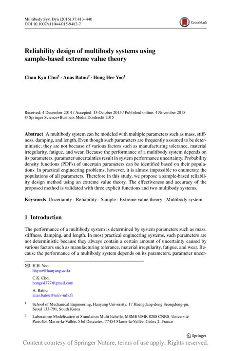 Reliability Design Of Multibody Systems Using Sample Based Extreme Value Theory Request PDF