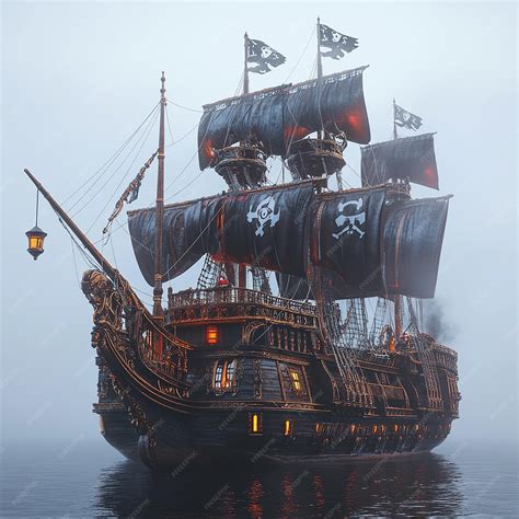 A Pirate Ship Is On The Water With Flags Flying From The Top Premium
