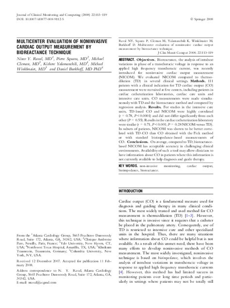 Pdf Multicenter Evaluation Of Noninvasive Cardiac Output Measurement By Bioreactance Technique
