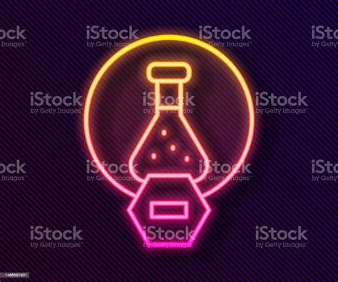 빛나는 네온 라인 테스트 튜브와 검은 배경에 고립 된 플라스크 화학 실험실 테스트 아이콘 실험실 유리 제품 기호 벡터 건강