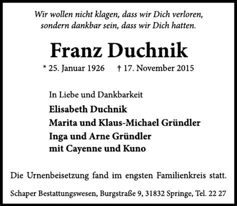 Traueranzeigen Von Franz Duchnik Trauerportal Ihrer Tageszeitung