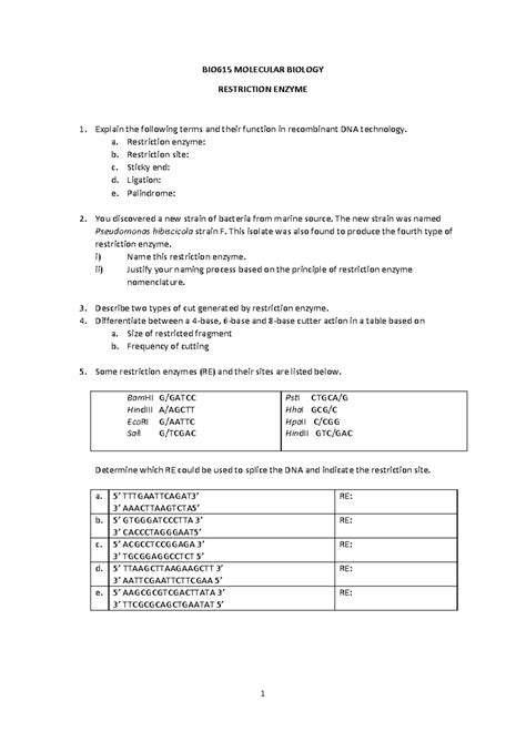 Tutorial Restriction Enzymes 1 Bio615 Molecular Biology Restriction