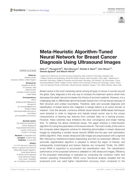 Pdf Meta Heuristic Algorithm Tuned Neural Network For Breast Cancer Diagnosis Using Ultrasound