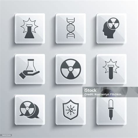 바이러스 피펫 화학 폭발 방사성 시험관 및 플라스크 머리 방사선 기호 아이콘으로부터 보호하는 방패를 설정합니다 벡터 건강 검진에