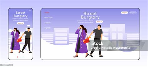 거리 강도 적응 착륙 페이지 플랫 컬러 벡터 템플릿 여자 가방에서 지갑을 훔치는 남자 소매 치기 모바일 및 Pc 홈페이지 레이아웃 한 페이지 웹 사이트 Ui 웹 페이지