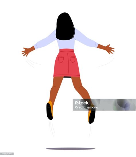 행복한 여성 캐릭터 점프 아웃스프레드 핸드 리어 뷰 여자는 성공을 축하하고 쾌활한 소녀는 자유를 느낍니다 감정에 대한 스톡 벡터 아트 및 기타 이미지 Istock