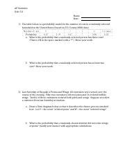 AP Stats Quiz AP Statistics Quiz Name Date The Table