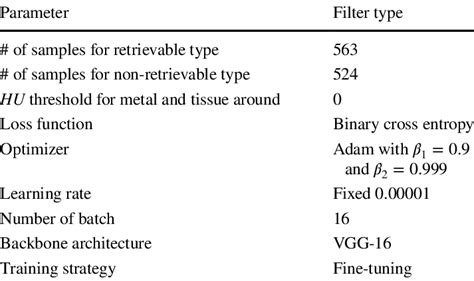 parameters of the filter type detection networks and training protocol