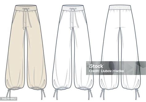 헐렁한 바지 패션 플랫 기술 도면 템플릿입니다 조거 팬츠 테크니컬 패션 일러스트 릴렉스 핏 오버사이즈 포켓 신축성 있는 허리띠