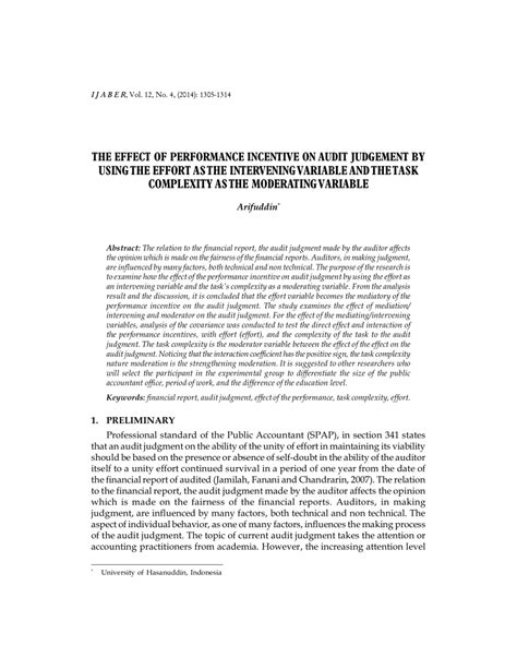 Pdf The Effect Of Performance Incentive On Audit Judgement By Using The Effort As The