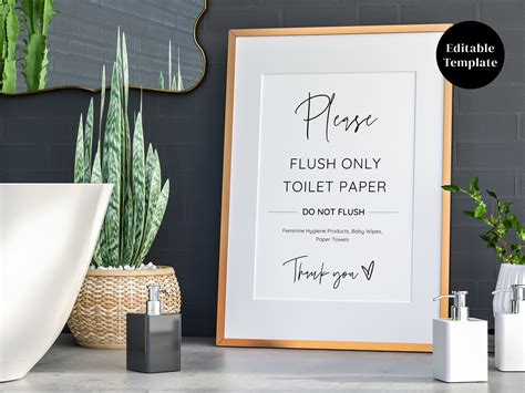 Flush Toilet Paper Only Sign Modern Bathroom Printable Canva Template