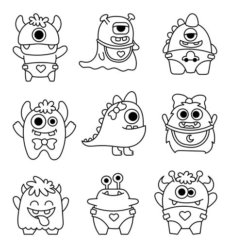 귀여운 어린이 괴물 컬러링 페이지 만화 카와이 무서운 재미있는 아기 캐릭터 프리미엄 벡터