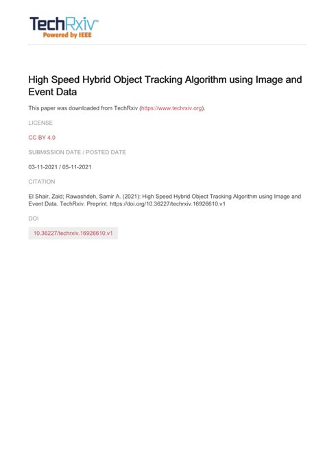 Pdf High Speed Hybrid Object Tracking Algorithm Using Image And Event Data