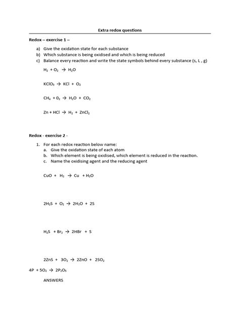 Ws 8 Extra Redox Questions Pdf Redox Oxidizing Agent