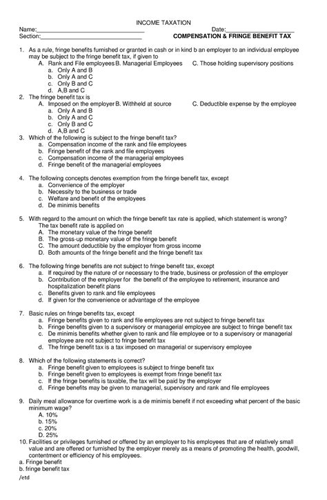Compensation And Fringe Benefits Tax Income Taxation Name