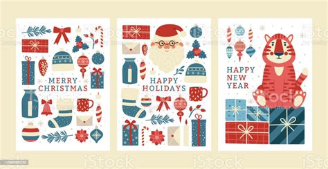 다양한 크리스마스와 새해 카드 모음 장난감 꽃 요소 선물 사탕 겨우살이 소나무 가지가 있는 카드 템플릿입니다 축하 새해 복 많이 받으세요 크리스마스에 대한 스톡 벡터 아트