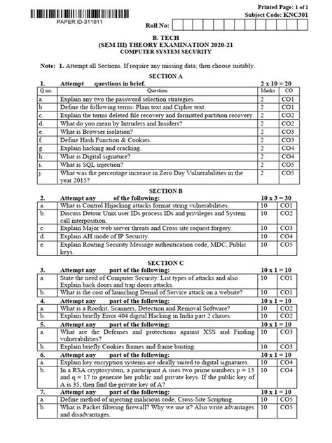 Btech Nc 3 Sem Computer System Security Knc301 2021 Pdf Public Key Cryptography