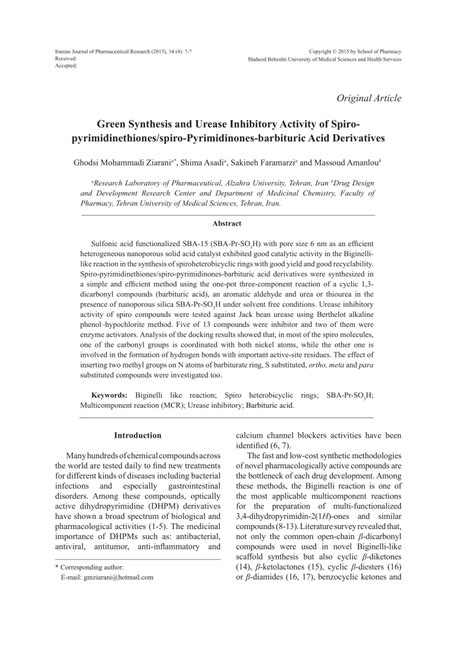 Pdf Green Synthesis And Urease Inhibitory Activity Of Spiro Pyrimidinethiones Spiro