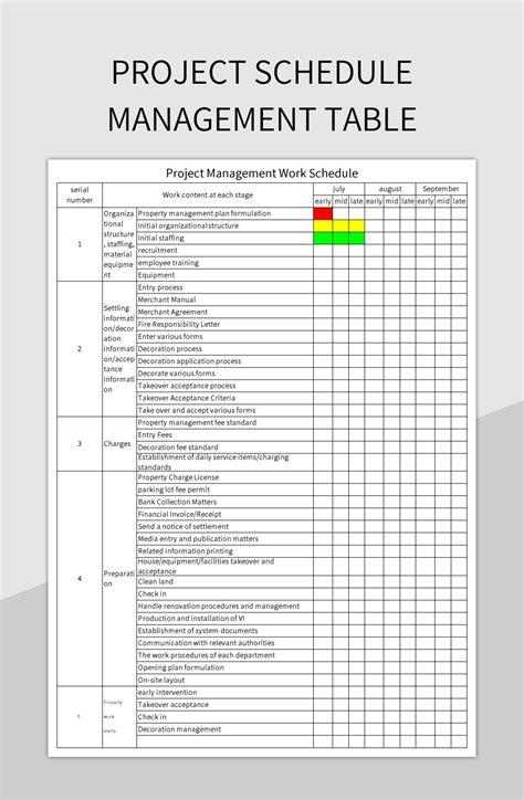 Project Schedule Management Table Excel Template And Google Sheets File For Free Download