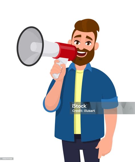 남자 그의 입 근처 메가 폰 확성기를 들고 소리 뭔가 발표 흰색 배경에서 분리 하는 서 있는 남자 벡터 만화 스타일에 확성기 개념 그림입니다 개념에 대한 스톡 벡터 아트 및