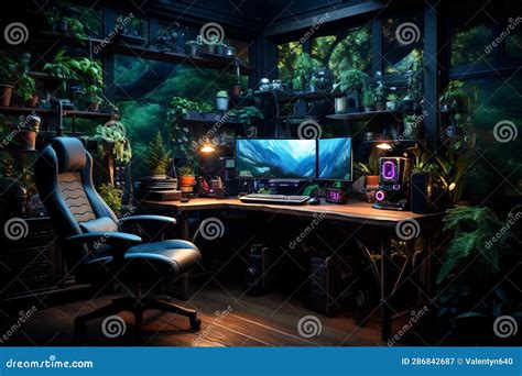 Computer Desk With Two Monitors And Keyboard On It Generative Ai Stock