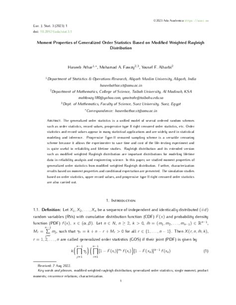 Pdf Moment Properties Of Generalized Order Statistics Based On Modified Weighted Rayleigh