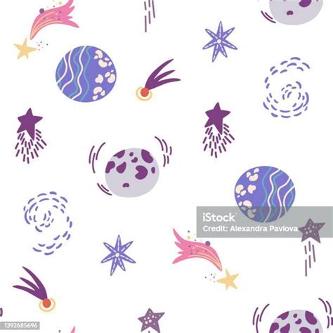 공간 이음새가 없는 패턴 우주 만화 행성과 별이있는 배경 어린이 디자인 벽지 섬유 및 인쇄에 적합합니다 벡터 손 그리기 그림 과학에 대한 스톡 벡터 아트 및 기타 이미지