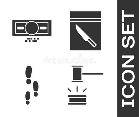 Set Judge Gavel Stacks Paper Money Cash Footsteps And Evidence Bag And Knife Icon Vector