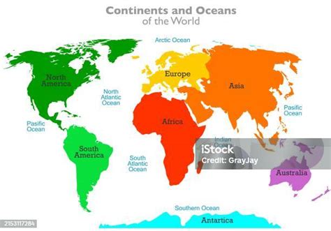 Continents Oceans World Map North South America Europe Africa Asia