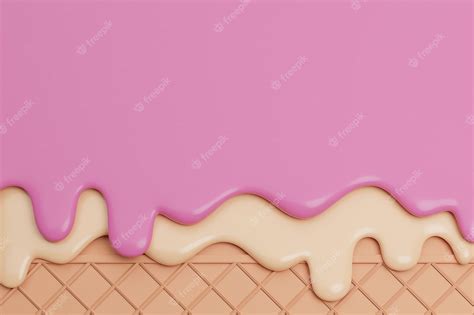 웨이퍼 배경에 녹은 딸기와 바닐라 아이스크림 3d 렌더링 프리미엄 사진