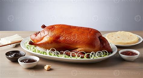 Traditional Chinese Peking Roasting Duck Carved With Knife On Table
