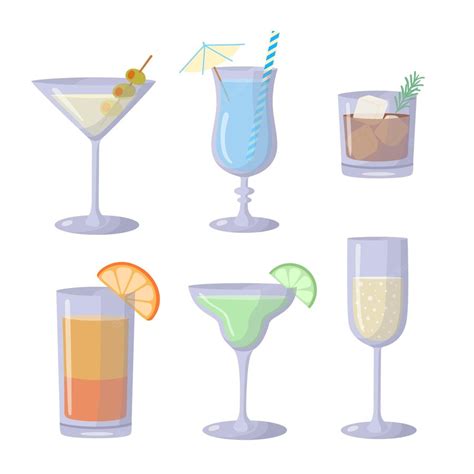 Premium Vector Set Of Alcoholic Cocktails In Glasses In A Flat Style