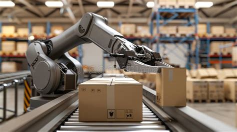 Automation Factory Concept With Robotic Arm With Boxes On Conveyor Line