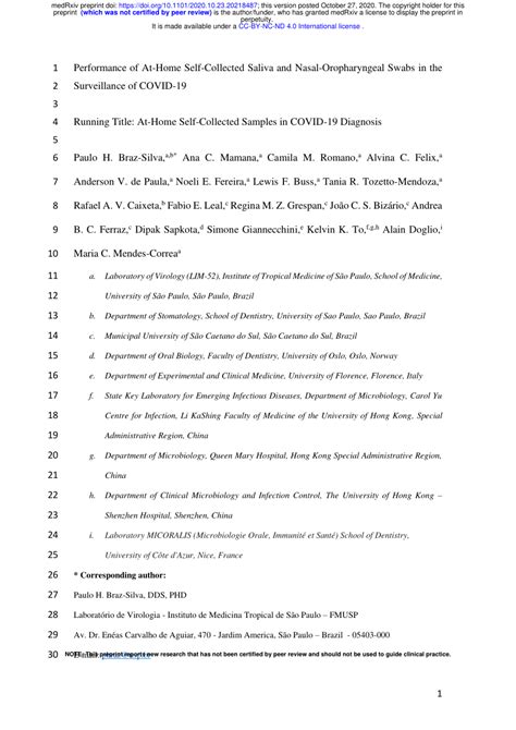 Pdf Performance Of At Home Self Collected Saliva And Nasal Oropharyngeal Swabs In The