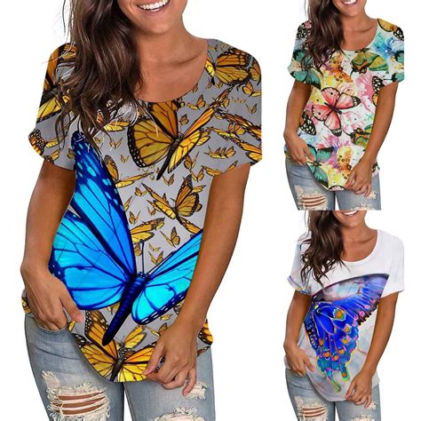 Azrian Womens Summer Tops 2023 Plus Size Shirts Fashion Woman Causal Round Neck Printing Blouse