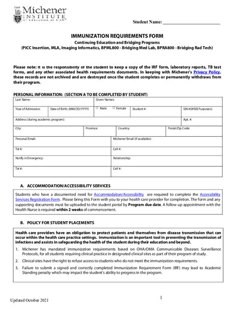 Michener Institute Immunization Requirements Form Fill Out And Sign