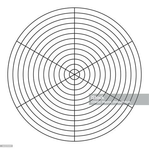 6개의 세그먼트와 12개의 동심원으로 구성된 극좌표 그리드 생명의 수레바퀴 템플릿입니다 라이프스타일 균형의 원형 다이어그램 코칭 도구 빈 극좌표 그래프 용지 벡터입니다 0