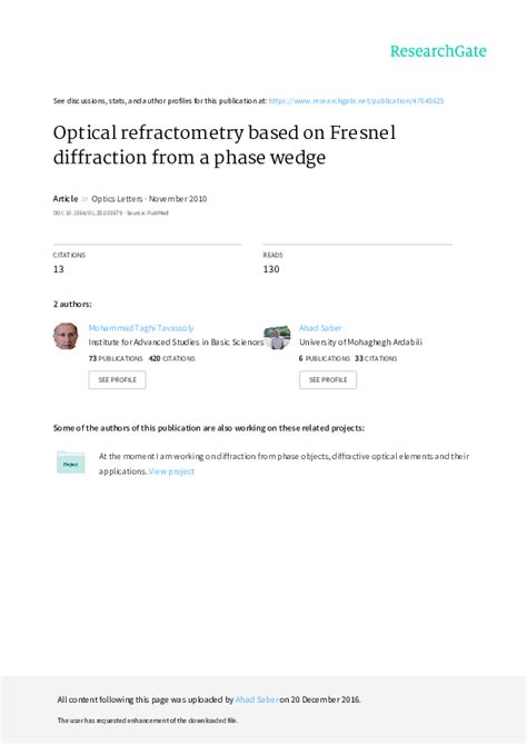 Pdf Optical Refractometry Based On Fresnel Diffraction From A Phase Wedge