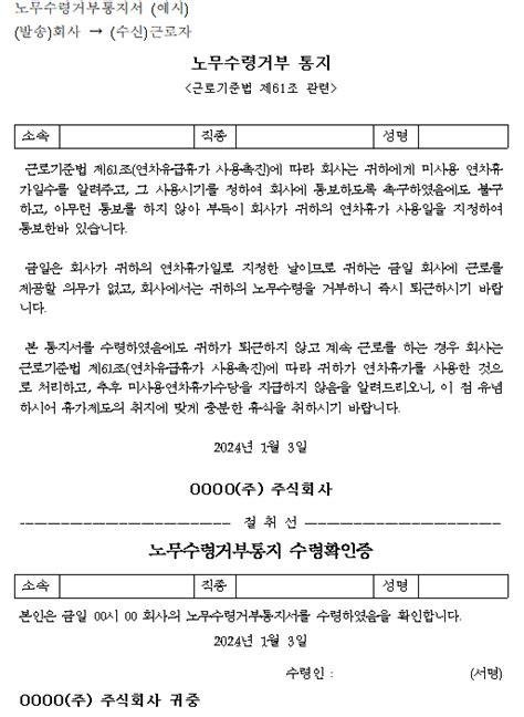 노무수령거부 통지서 인사노무총무 서식 노동OK