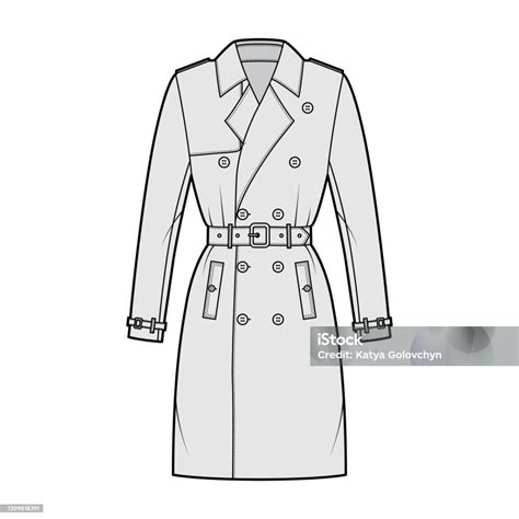 트렌치 코트 기술 패션 일러스트 벨트 더블 브레스트 장착 나폴레옹 와이드 라펠 칼라 무릎 길이 오버코트에 대한 스톡 벡터 아트 및 기타 이미지 Istock