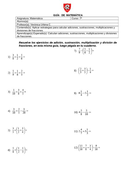 Fracciones Suma Resta Multiplicacion Y Division De Fracciones 7 Pdf