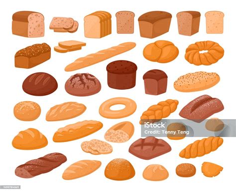 만화 빵 생과자 빵집 밀 제품 얇게 썬 빵 한 덩어리 바게트 크루아상 플랫 벡터 일러스트레이션 세트 밀가루 제과 컬렉션 갈색에 대한 스톡 벡터 아트 및 기타 이미지 Istock