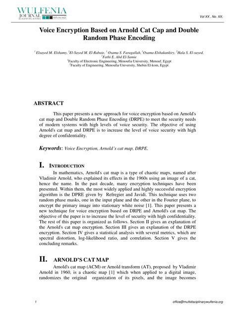 Pdf Voice Encryption Based On Arnold Cat Cap And Double Random Phase Encoding